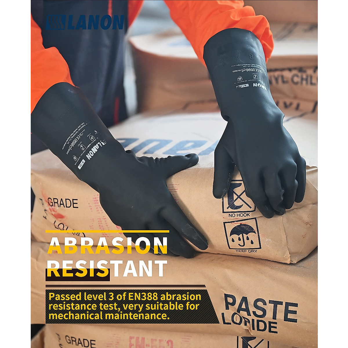 LANON Rubber Chemical Resistant Gloves, Reusable Heavy-duty Safety Work Gloves, Acid & Alkali Protection, Non-Slip, X Large