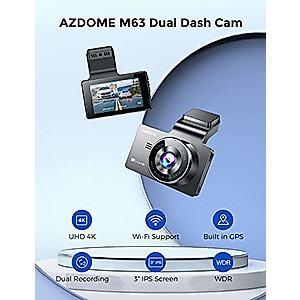 AZDOME 4K Dual Dash Cam Front and Rear, Built-in GPS/WiFi(64G SD Card Included), Dashboard Camera with UHD 3840x2160P, 3" Display, Sony Sensor, 170° FOV, WDR, Night Vision, Parking Monitor, G-Sensor