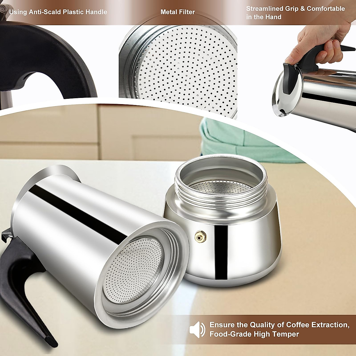 DITOSH 6 Cup Stovetop Espresso Maker Stainless Steel Moka Pot Espresso Maker Percolator Italian Coffee Maker Capable Mocha Coffee Machine Cafe Classic Maker for Home & Camping 300ml 10oz