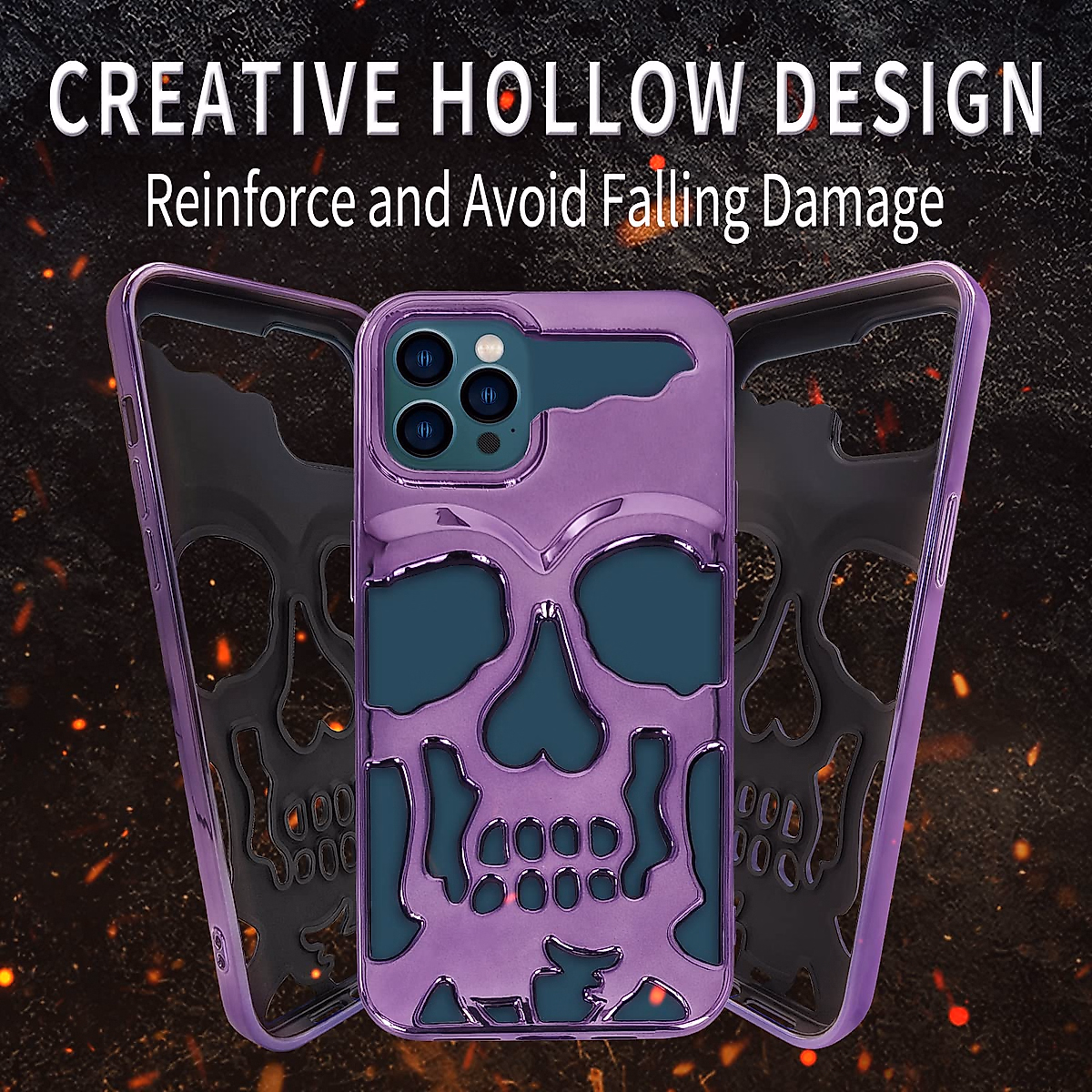 EPPARYOU Cool Skull Anime iphone 12 pro max case Deisgn Horror Hollowed Skeleton Star Space Wars plated phone cover Unique Protection Shockproof TPU Clear Case for Girls Women Cute metal dark purple