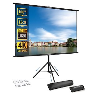 Portable Projector Screen with Stand, 100 inch 16:9, Outdoor Projector Screen, 2 in 1 Projection Screen, Foldable, Ironable and Washable, Idea for Home Cinema, Business, Backyard Party, Game.