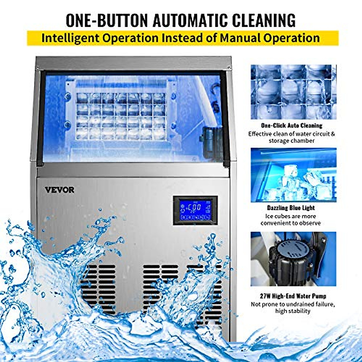 VEVOR 110V Commercial ice Maker 110-120LBS/24H with 33LBS Bin and Electric Water Drain Pump, Clear Cube, Stainless Steel Construction, Auto Operation, Include Water Filter 2 Scoops and Connection Hose