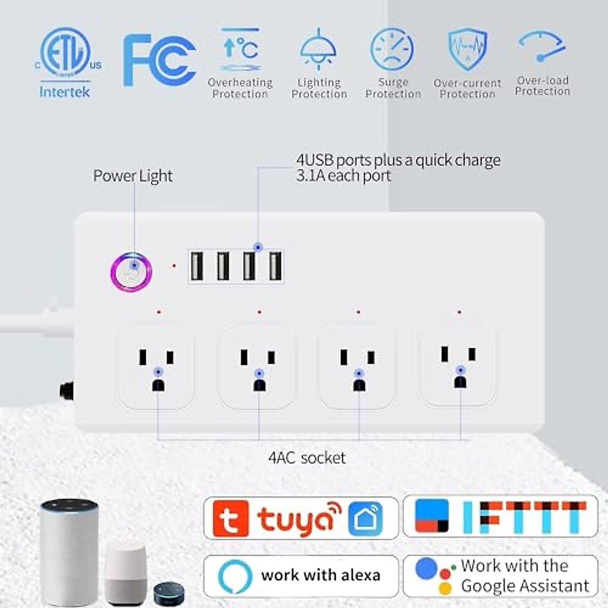 Smart Extension Cord Jinvoo WiFi Surge Protector Power Strip with 4 Individually Controlled AC Outlets and 4 USB Ports Works with Alexa & Google Home