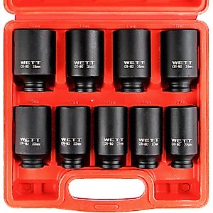 WETT 1/2" Drive Deep Impact Socket Set, 9-Piece Spindle Axle Nut Metric 6 Point Sockets Set, CR-MO, 29mm-38mm
