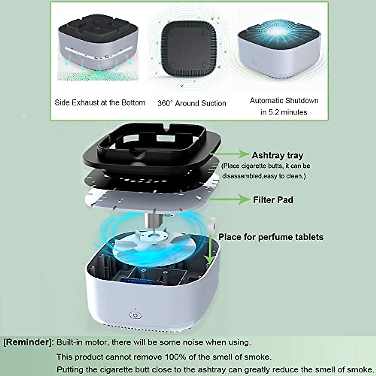 BAORSAPY 2-in-1 Multifunctional Smokeless Ashtray Air Purifier USB Rechargeable Ashtray Home Ashtrays Portable Ash Tray for Home Indoor Office (Grey)