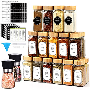 VIVAIVE Spice Jars with Labels,24 Pcs 4oz Glass Spice Jars with Bamboo Lid and 648 Waterproof Printed Labels,2 Salt and Pepper Grinder Set,Empty Spice Containers Bottles for Pantry,Cabinet,Drawer