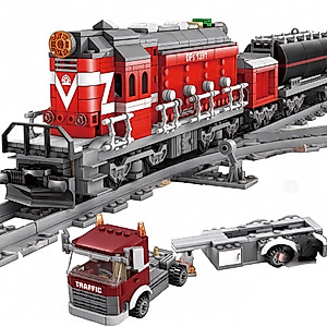 General Jim's Red Diesel Cargo Train Building Blocks Set - 1000+ Piece City Series with Automatic Running System, Railway Tracks, and Truck - Compatible with Major Brick Building Brands
