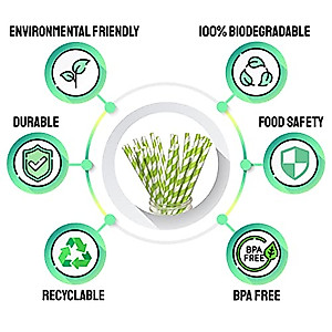 Biodegradable Paper Straws, 300 Pieces Pack,Light Green Stripe Disposable Drinking Straws,Eco Friendly Christmas Party Supplies, Birthday, Wedding,christmas straws