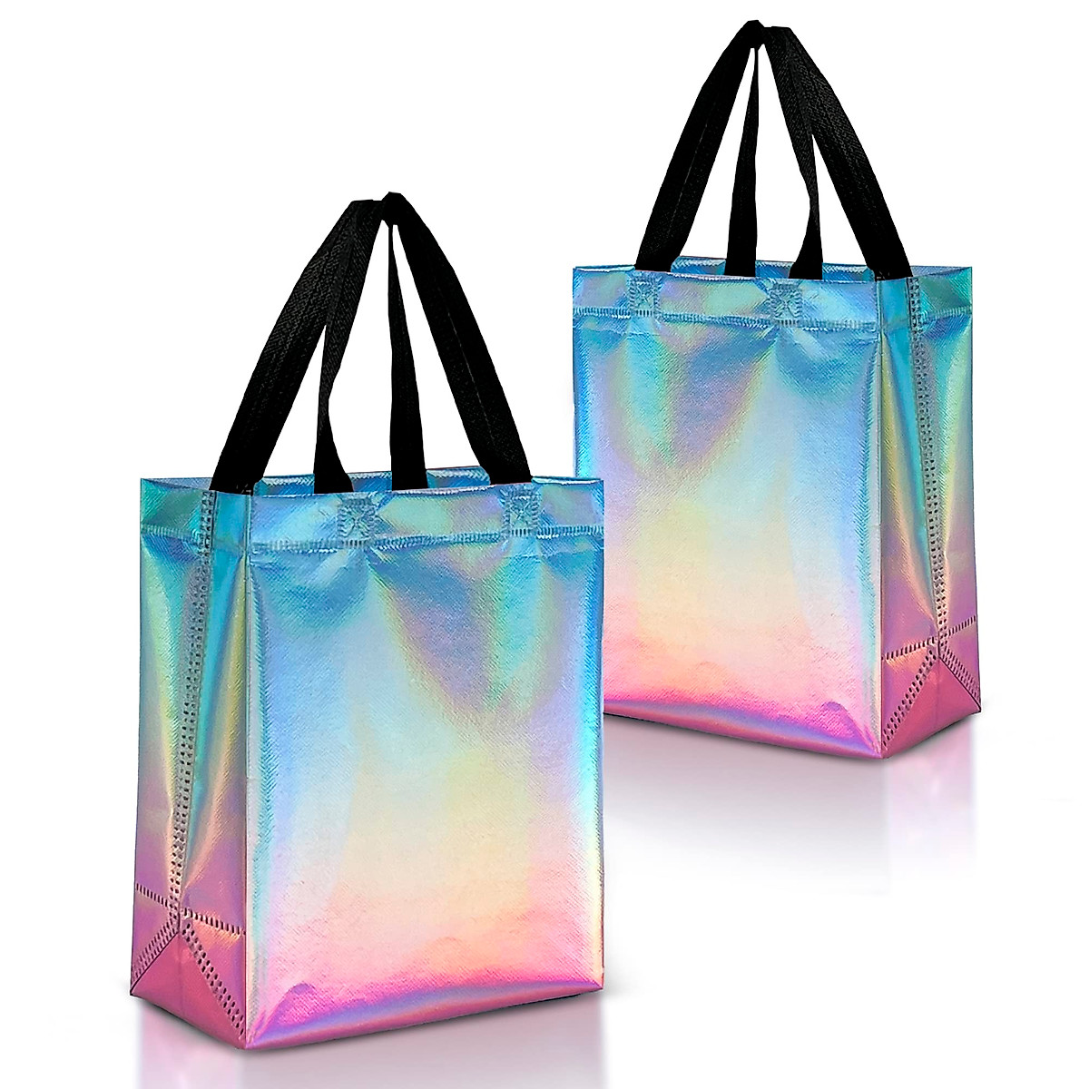 Nush Nush Gradient Gift Bags Medium Size – Set of 12 Aqua to Pink Reusable Gift Bags With Holographic Finish - Perfect As Goodie Bags, Birthday Gift Bags, Party Favor Bags - 8x4x10