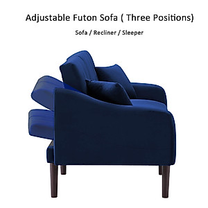 Olela Futon Sofa Bed Convertible Couch Bed with Armrests Modern Living Room Velvet Sofa Bed, Folding Recliner Futon Couch Sleeper Set with Wood Legs,Blue