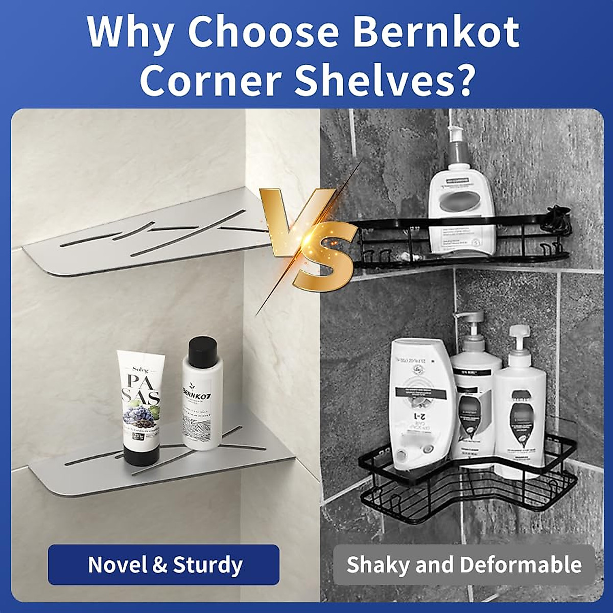 Bernkot Corner Shower Shelf 12" Brushed 304 Stainless Steel Quadrilateral Corner Shelves Recessed Bathroom Storage Shampoo Holder Organizer Kitchen Shelf Rack 2 Pack, No Drilling Needed