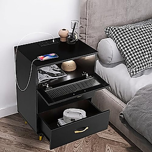3 Drawer Nightstand Set of 2 Black Modern Nightstands with USB Charge, Glass Door, Gold Leg and Handle, Bedside Cabinet Furniture Side Table Chest for Bedroom