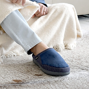 isotoner Men's Microterry and Waffle Travis Slip-On Hoodback Slipper, Navy Blue, 8-9