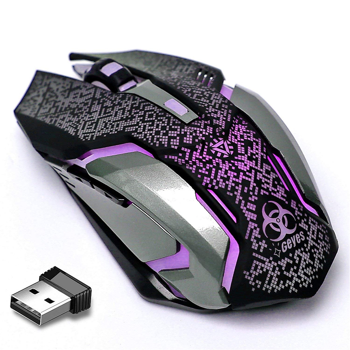 VEGCOO Wireless Gaming Mouse, C8 Wireless Rechargeable Mouse with Colorful LED Lights and 2400/1600/1000 DPI for Laptop and Computer (C9 Silver)