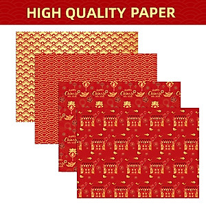 New Year Wrapping Paper Set, 12 Sheets Chinese New Year Wrapping Paper 4 Style Red and Gold Gift Wrap New Year Birthday Party Decoration New Year Gift Wrap for Chinese New Year Decorations 20'' x 27''