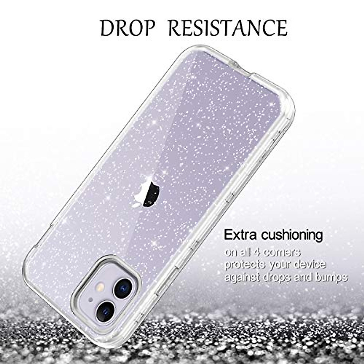 LONTECT for iPhone 11 Case Built-in Screen Protector Glitter Clear Sparkly Bling Rugged Shockproof Hybrid Full Body Protective Case Cover for Apple iPhone 11 6.1 2019, Clear/Silver Glitter