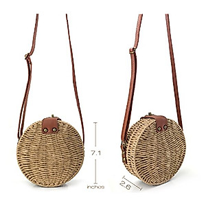Round Straw Handwoven Shoulder Bag Women Cross body Bag for Summer Holiday (Brown)