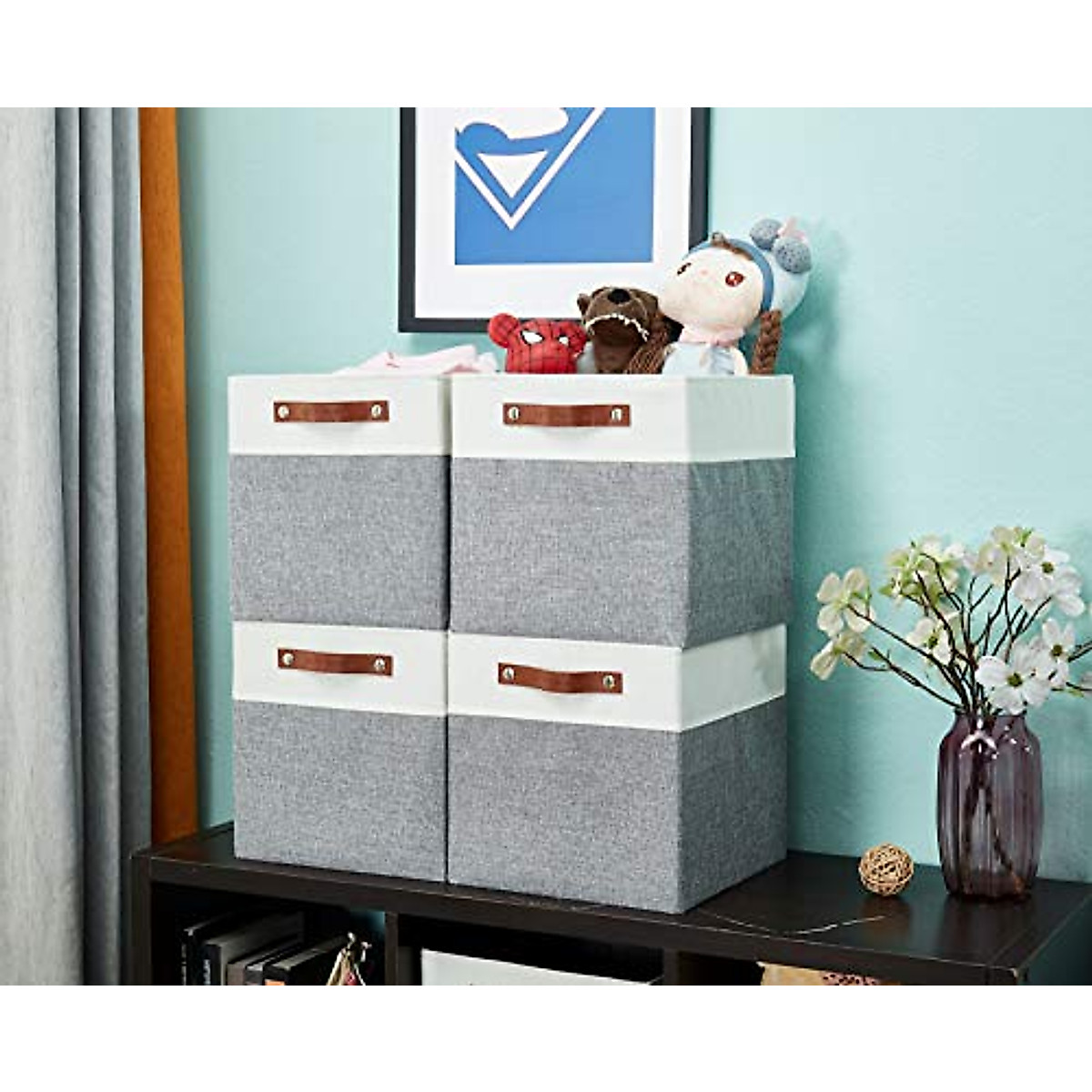 DECOMOMO 13 inch Cube Storage Bins 13 X 13 Storage Cubes, Fabric Cube Storage Bin for Clothes Toys Books Shelves Closet Bedroom Bathroom Nursery (Grey and White, 4pcs)