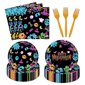 96 Pcs Neon Halloween Party Supplies for 24 Guests Spooky Costume Tableware Plates Napkins Glow Party Dinnerware Table Decorations Happy Halloween Party Favor for Kids Teen Adult