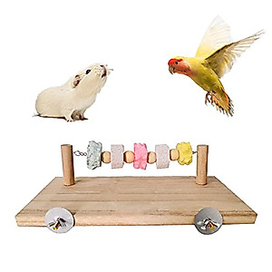 Pet Wood Perch Platform Springboard with Mineral Stone Molar Toy for Chinchilla Guinea Pig Rat Parrot Bird