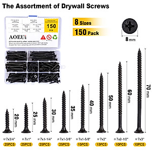 Premium Drywall Screws, 150pcs, 8 Sizes Wood Screws Assortment Kit, Phillips Tips Quality Black Wood Screws Set, Assorted Flat Head Screws for Sheetrock, Wood, Drywall, Furniture