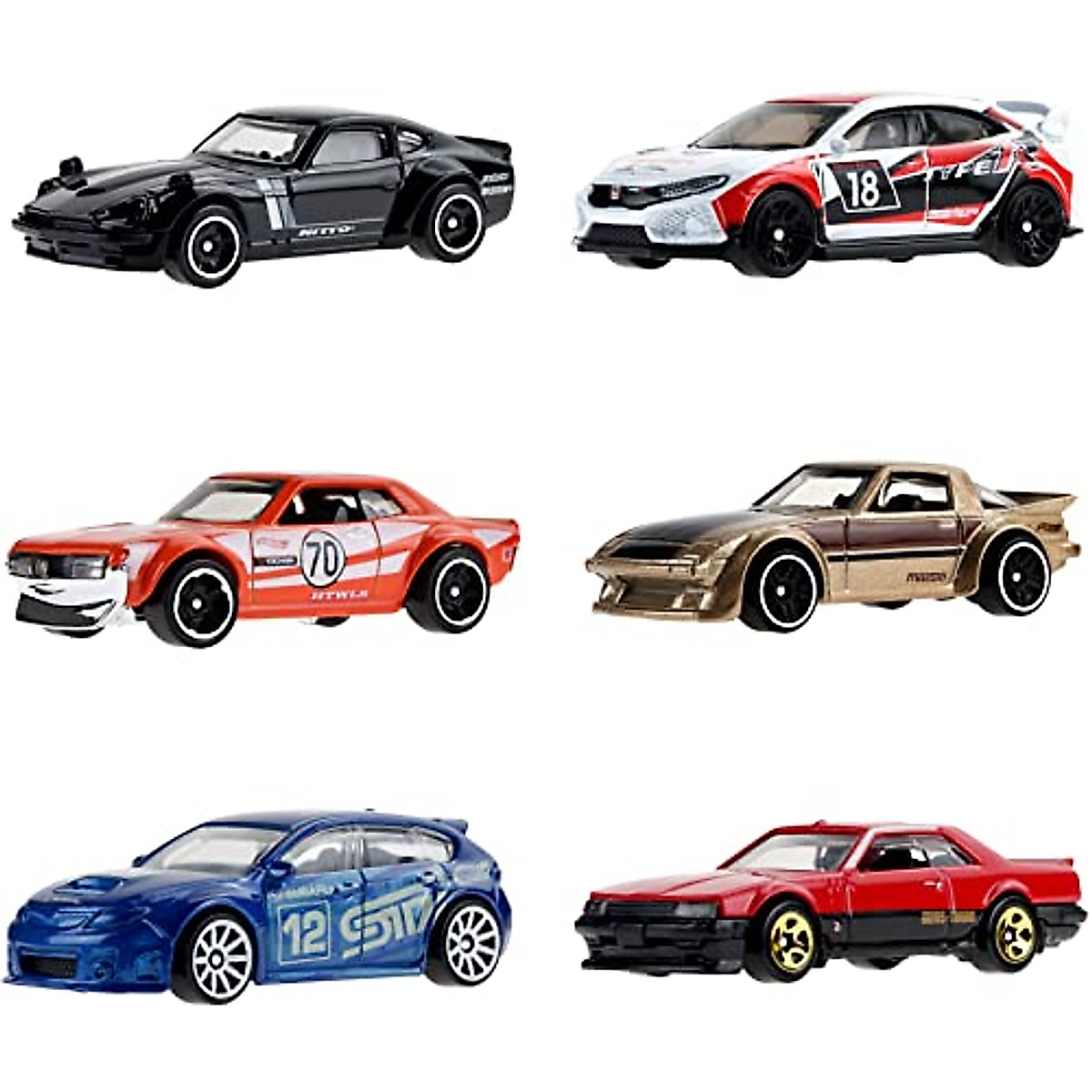 Hot Wheels 6 Pack Custom Datsun 240z, 2018 Honda Civic Type R, '70 Toyota Celica, Mazda RX-7, Subaru WRX STi, and '82 Nissan Skyline