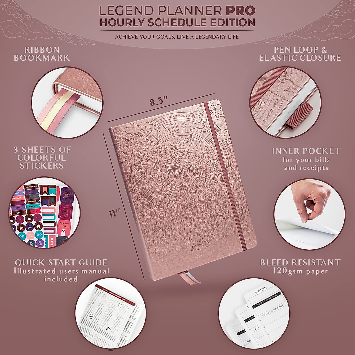 Legend Planner PRO Hourly Schedule - Weekly & Daily Organizer with Time Slots. Appointment Book Journal for Work & Personal, A4 (Rose Gold)