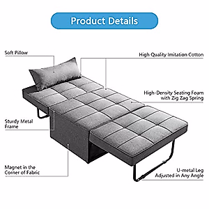Vonanda Sofa Bed, Convertible Chair 4 in 1 Multi-Function Folding Ottoman Modern Breathable Linen Guest Bed with Adjustable Sleeper for Small Room Apartment, Dark Gray