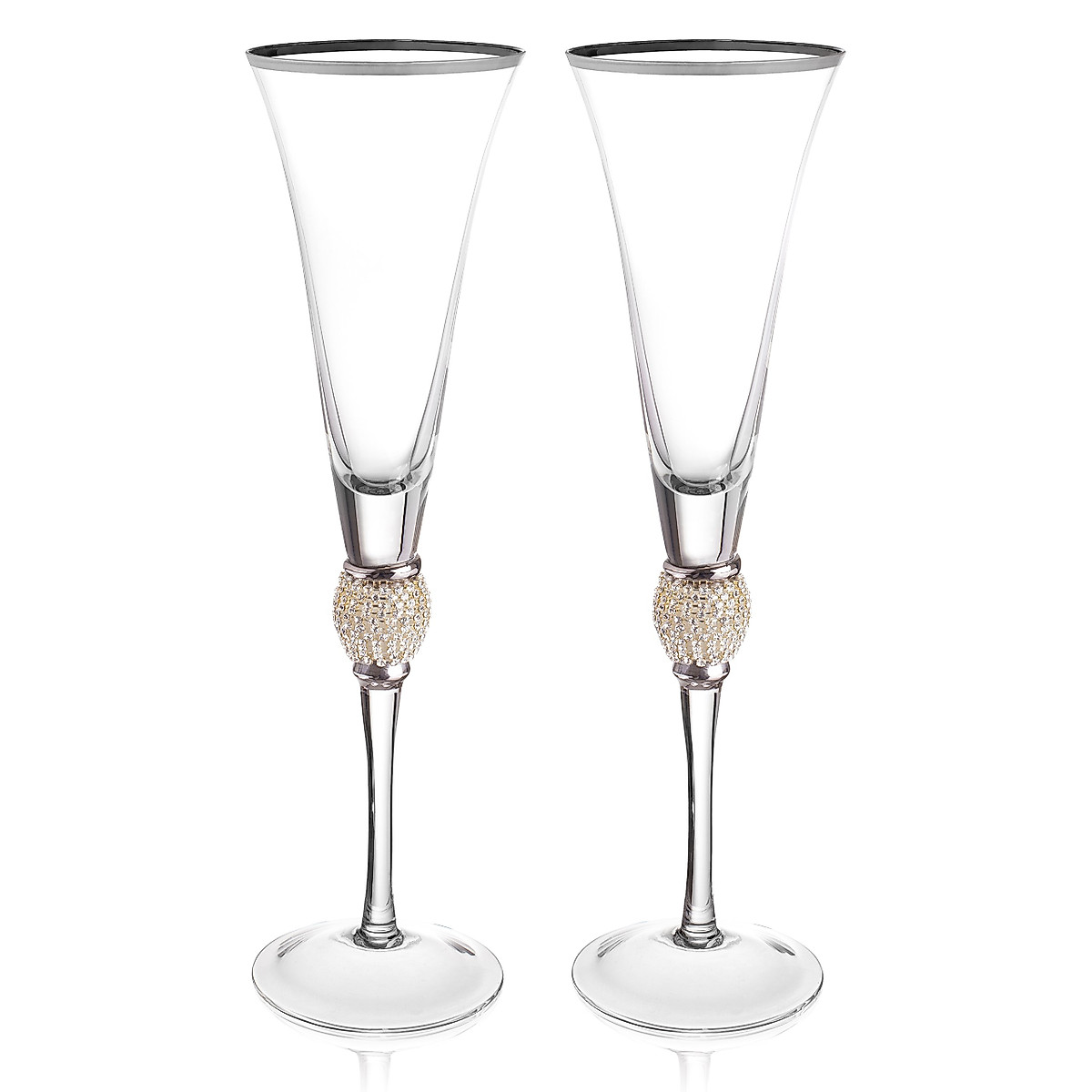 Trinkware Set of 2 Champagne Flutes - Rhinestone "DIAMOND" Studded Glasses With Silver Rim - Long Stem, 7oz, 11-inches Tall - Elegant Glassware And Stemware
