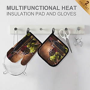 Vintage Red White Wine Grapes Wooden Oven Mitts Quilted Cotton Lining Potholders BBQ Gloves-Oven Mitts and Pot Holders Heat Resistant Kitchen Gloves Safe Mats for Baking Cooking