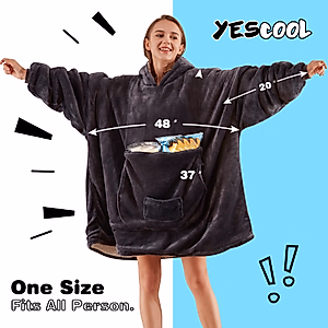 yescool Wearable Blanket Hoodie, Oversized Sherpa Hooded Blanket Sweatshirt, Giant Warm Fuzzy Fleece Lounging Blanket with Hood Sleeves Pocket, Soft Comfort Packable for Women Men Adults (Grey)