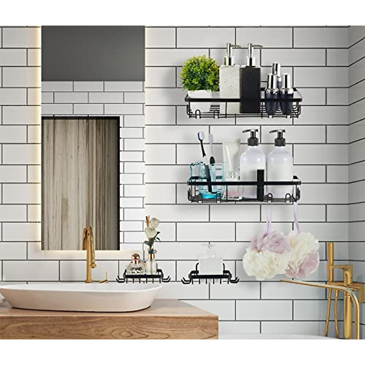 FouCortty Shower Caddy Basket Shelf Organizer with Soap Dishes,Bathroom Storage Rack,Adhesive No Drilling Wall Mounted Shower Kitchen Storage Accessories, SUS304 Stainless Steel - 4 Pack (Black)