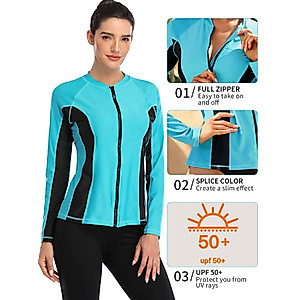 ATTRACO Womens Rash Guard Long Sleeve Sun Protection Swim Shirts Swim Top Aqua L