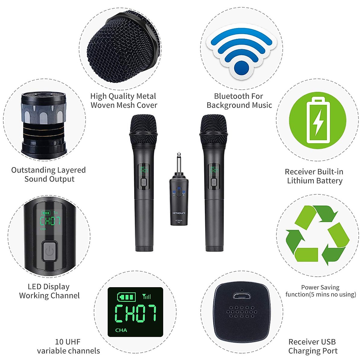 Kithouse K380A Wireless Microphone Karaoke Microphone Wireless Mic Dual with Rechargeable Bluetooth Receiver System Set - UHF Handheld Cordless Microphone for Singing Speech Church(Elegant Black)