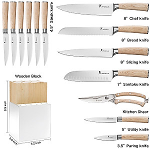 Kangdelun 14 PCS White Block Knife Set, Ultra Sharp High Carbon Stainless Steel, Wood Handle