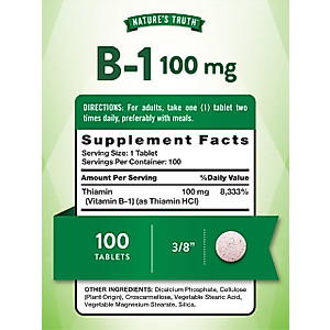 Nature's Truth Vitamin B1 100mg (Thiamine) | 100 Count | Vegetarian, Non-GMO & Gluten Free Supplement