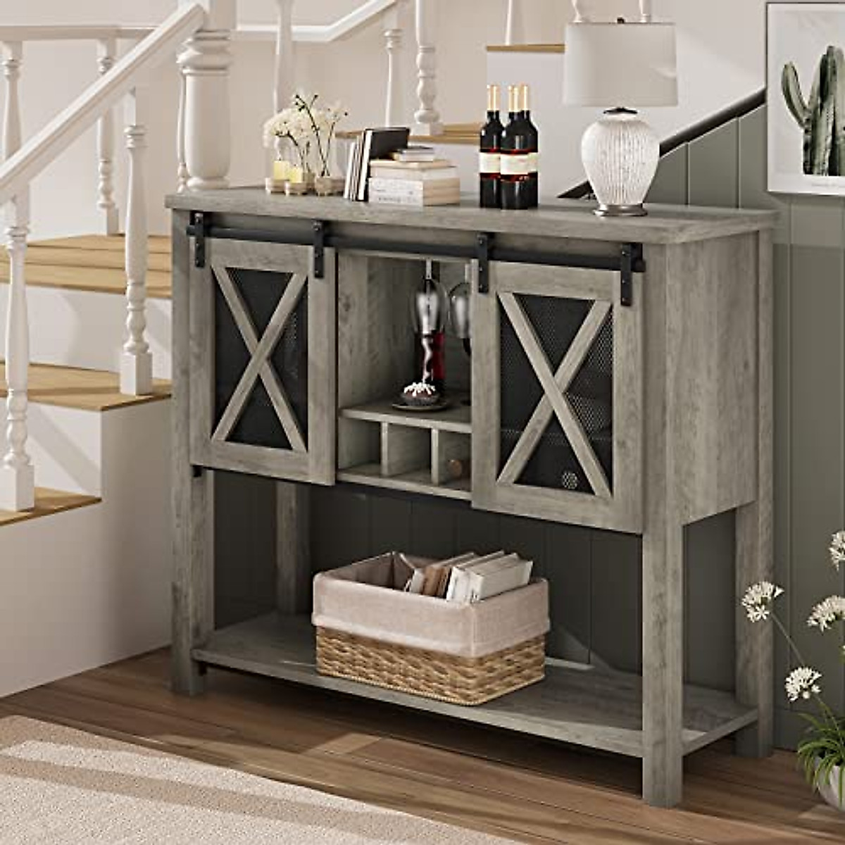 IDEALHOUSE Buffet Storage Cabinet Farmhouse Wine Cabinet Coffee Bar Table with Wine Glass Rack and Storage, Wood Buffets and Sideboards with Barn Mesh Door for Kitchen, Dining, Living Room