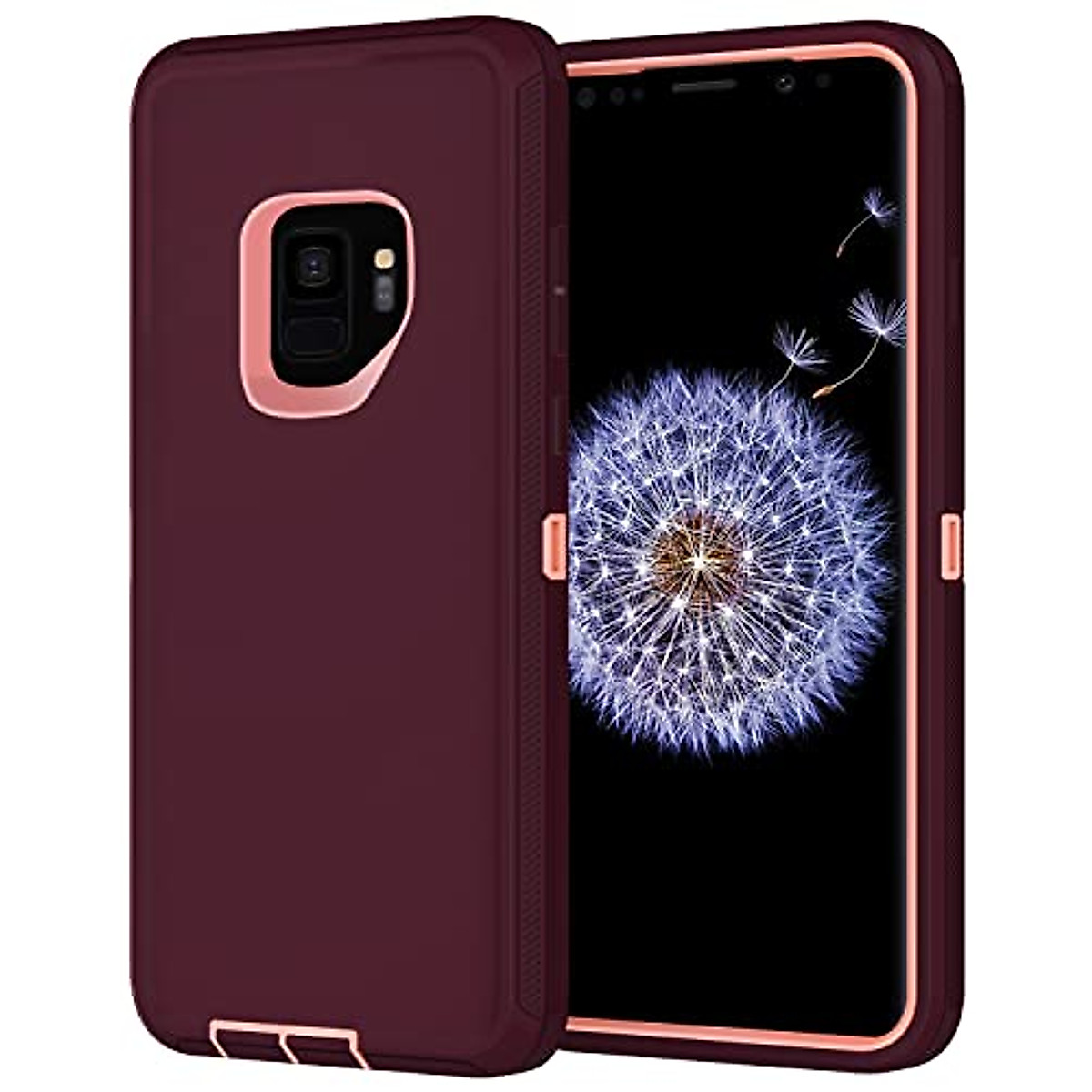Annymall for Samsung Galaxy S9 Case with Screen Protector, Full Body Heavy Duty Shockproof Drop-Proof Phone Case Rugged Triple-Layer Defender Protective Cover for Samsung Galaxy S9 (Wine/Pink)