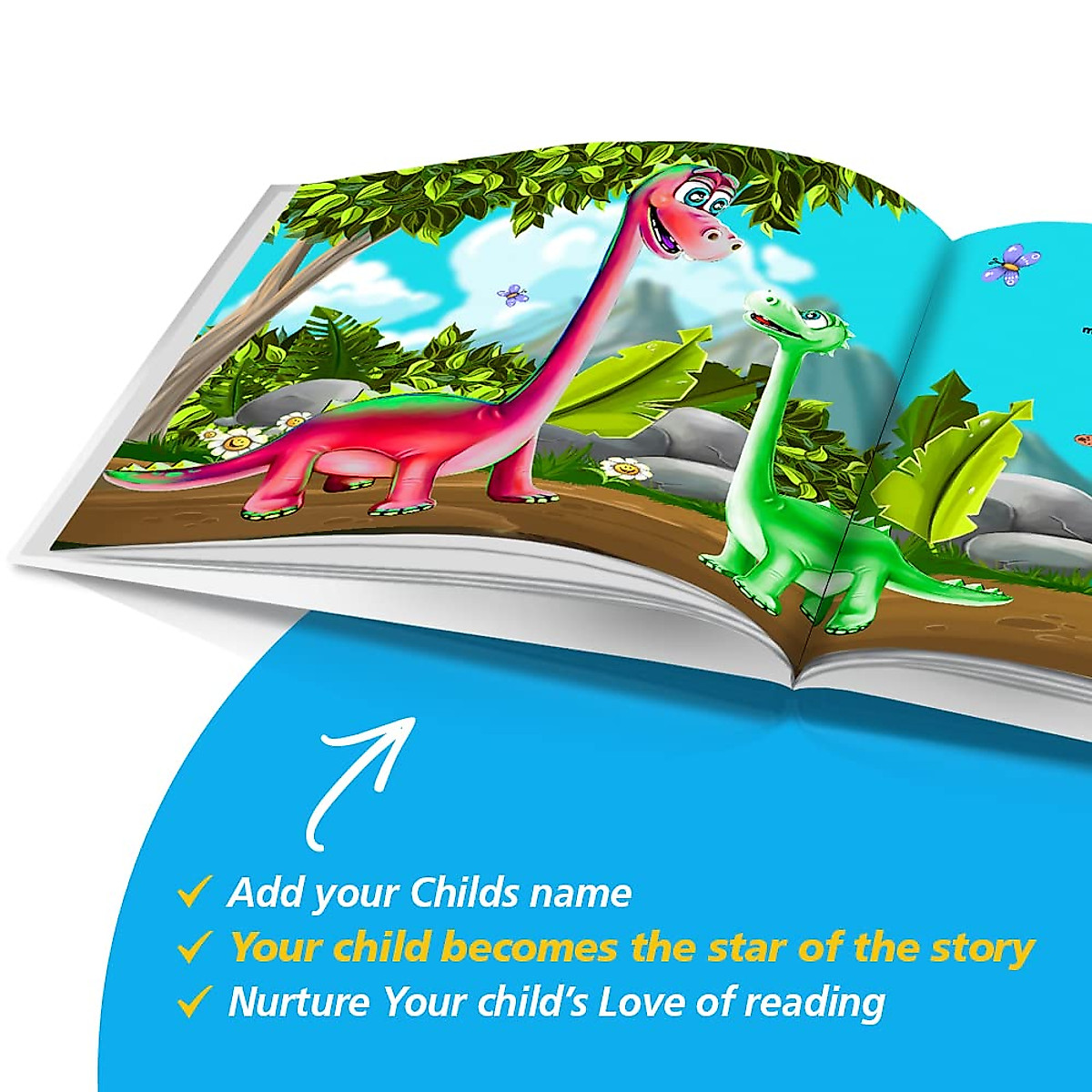 Personalized Story Book by Dinkleboo - The Dinosaur - for Kids Aged 0 to 8 Years Old -A Story About Your Child Going on an Adventure to find a New Dinosaur Friend. Soft Cover. 8"x8"