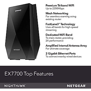 NETGEAR WiFi Mesh Range Extender EX7700 - Coverage up to 2300 sq.ft. and 45 devices with AC2200 Tri-Band Wireless Signal Booster & Repeater (up to 2200Mbps speed), plus Mesh Smart Roaming