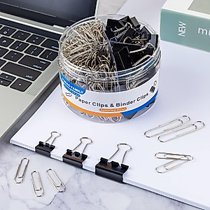 FUDAO FAMILY Paper Clips Binder Clips,340 PCS Paper Clips Assorted Sizes,Binder Clips Assorted Sizes,Silver Paper Clip,Black Binder Clip,FFHY100102