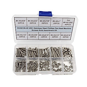 HVAZI #4-40 UNC Stainless Steel Phillips Flat Head Machine Screws Nuts Assortment Kit