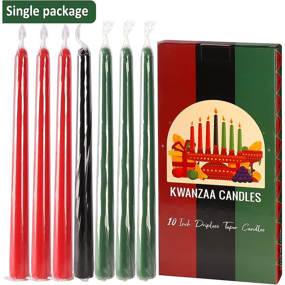 Set of 7 Kwanzaa Taper Candles, 3 Red, 3 Green, 1 Black Mishumaa Saba Candle Set, 10 Inch Dripless Tall Candle Stick for Kwanzaa, 7-7.5 Hour Burn Time