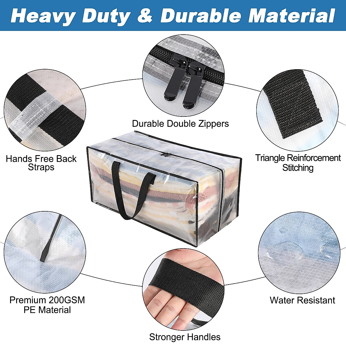 Rihim Moving Bags 90L - 4 Clear Heavy Duty Extra Large Storage Bags for Clothes - Packing Bags with Backpack Straps Strong Handles Zippers - College Travelling Christmas Storage Moving Totes