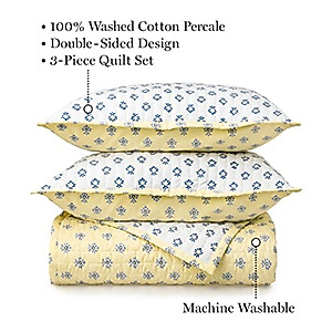 MARTHA STEWART Naomi Yellow Queen Quilt Set - 3 Piece, 100% Cotton Bedspread, Reversible, Cool, Crisp Percale Weave, Soft & Printed Lightweight Quilt, Summer Bedding, 1 Quilt, 2 Pillow Shams