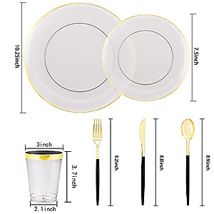 Supernal 180pcs Black Plastic Dinnerware Set,Black Plastic Plates,Clear Plastic Plates with Gold Rim,Gold Plastic Silverware,Black Clear Gold Cups for Christmas, Thanksgiving, Halloween