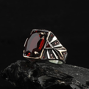 Handmade 925 Sterling Silver Men's Ring with Triangle Garnet Gem Stone, Futuristic Statement Ring gifts for men handmade rings valentines day gifts for him
