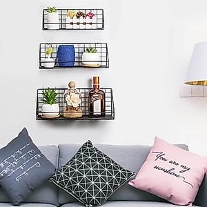 ROFAY Floating Shelves Set of 3, Wall Mounted Storage Rack Shelves for Bedroom, Living Room, Bathroom, Kitchen, Office and More - Carbonized Black