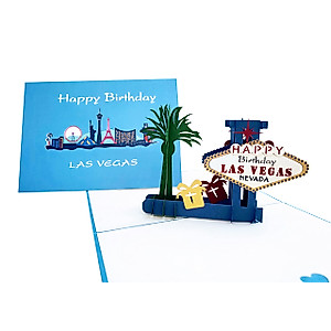iGifts And Cards Unique Happy Birthday Blue Cover Las Vegas 3D Pop Up Greeting Card - Fun, Special Occasion, Congratulations, Celebration, Feliz Cumpleaños, Best Friend, Cute, Sin City, Famous, Unique