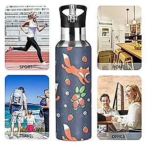 xigua Fox Sport Water Bottle with Straw Lid Double Wall Vacuum Insulated Flask Stainless Steel Water Bottle 20 oz